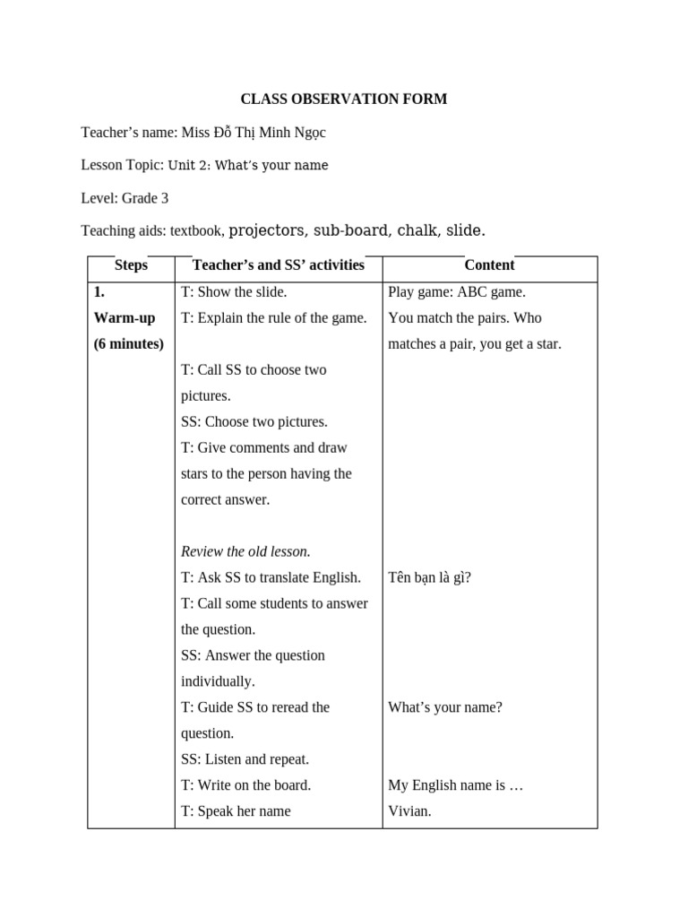 Sample of CLASS OBSERVATION FORM | PDF