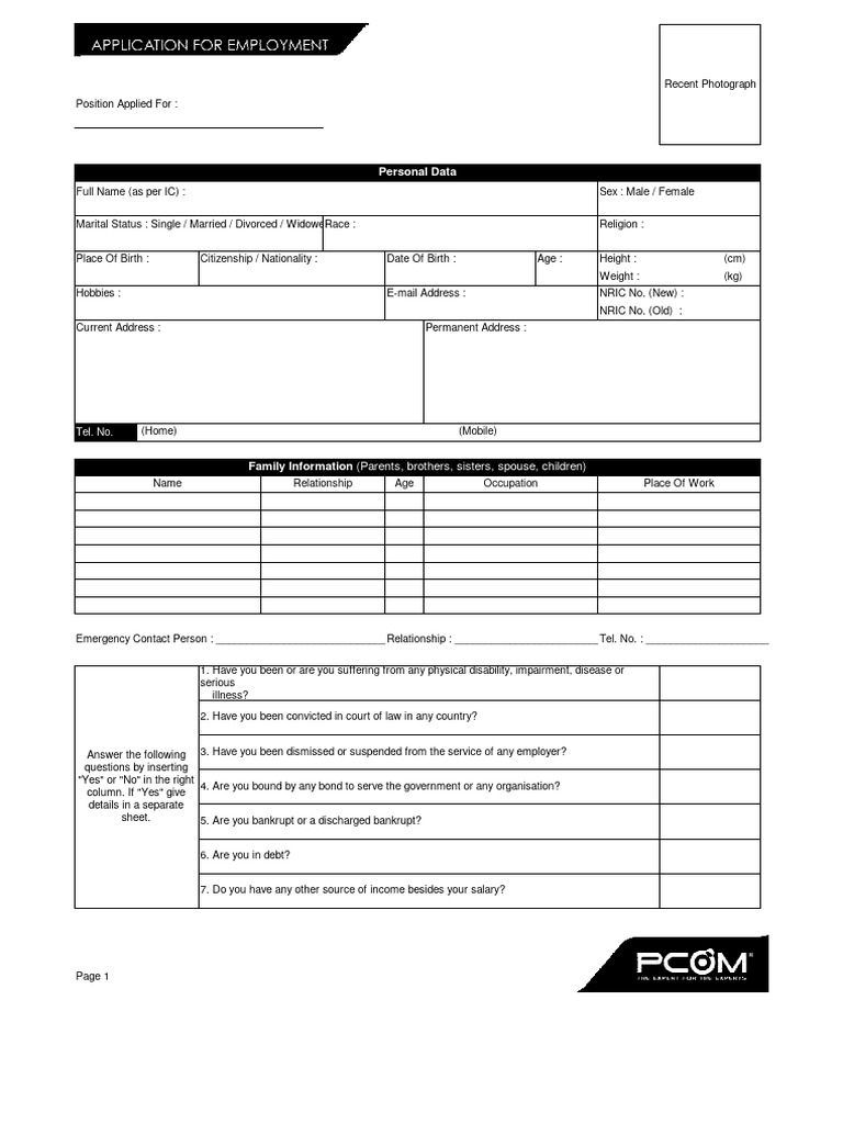 PCOM Application For Employment Form | PDF