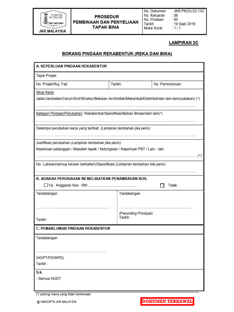 Borang Pindaan Rekabentuk JKR_D&B-1 | PDF