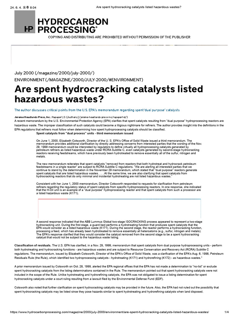 Are Spent Hydrocracking Catalysts Listed Hazardous Wastes | PDF