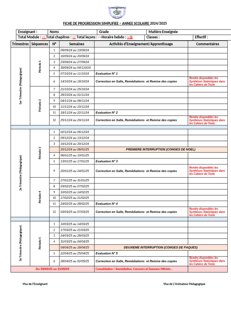 Fiche de Progression Simplifie 2024-2025 | PDF