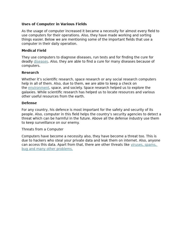 Uses of Computer in Various Fields | PDF