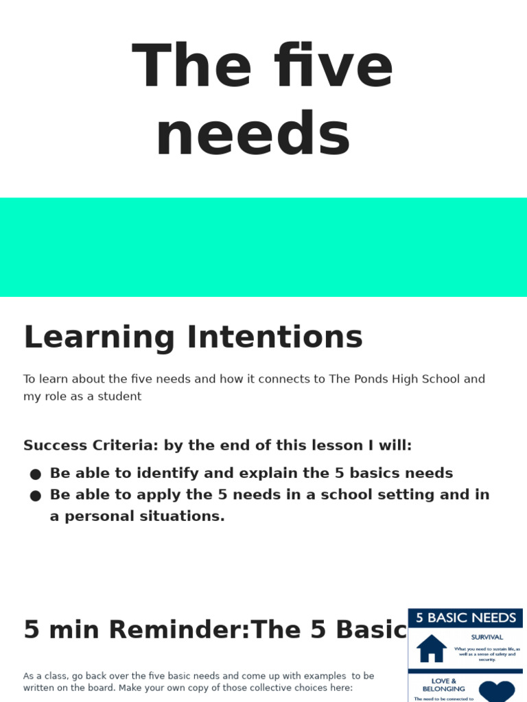 Lesson 2 - The Five Needs | PDF