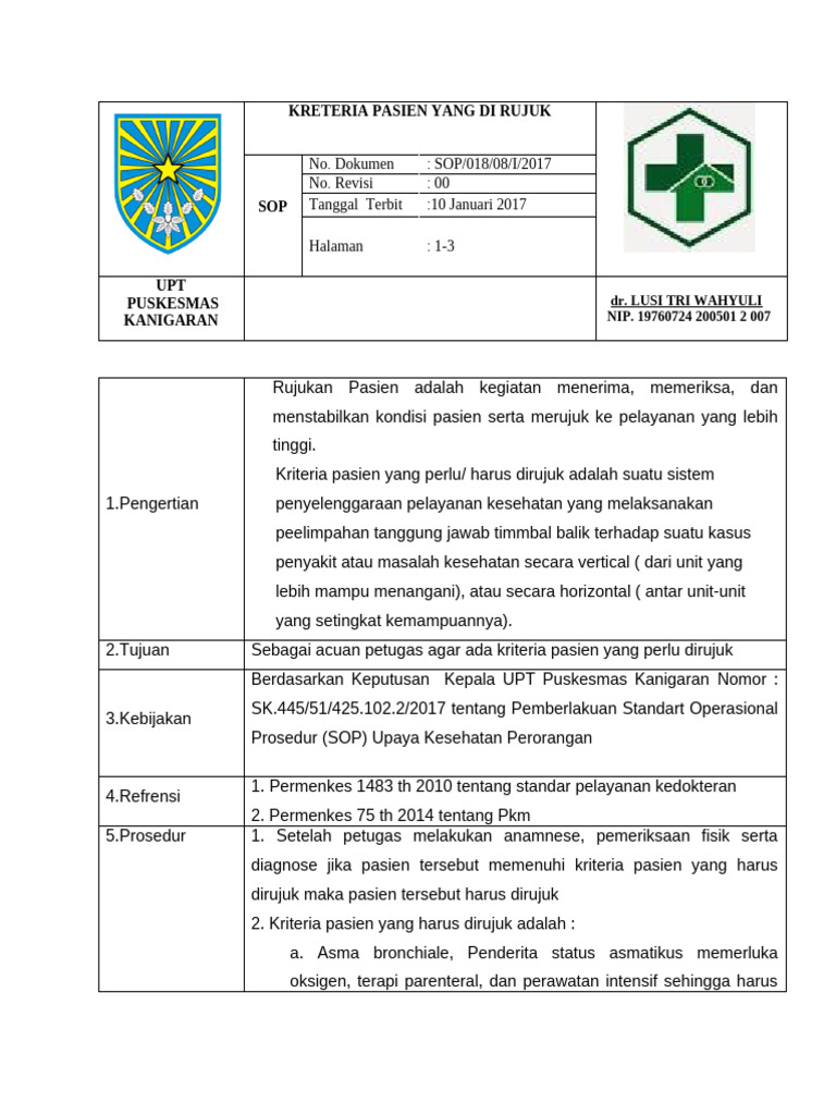 Sop Kriteria Pasien Yang Di Rujuk | PDF