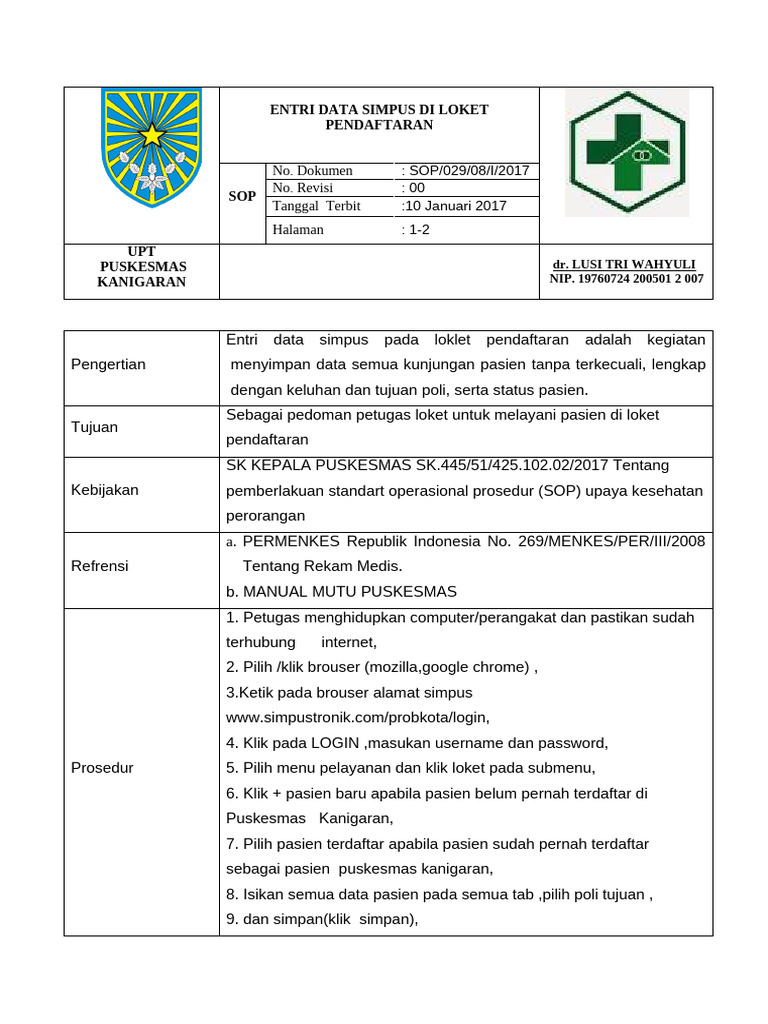 Sop Entri Data Simpus Di Loket Pendaftaran | PDF