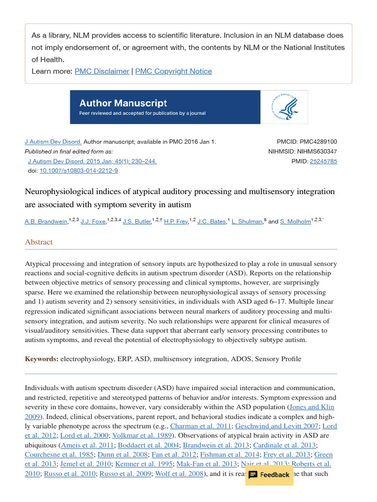 Neurophysiological Indices of Atypical Auditory Processing and Multisensory Integration Are ...