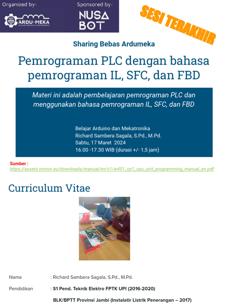 17 Maret 2024 - Ardumeka - Pemrograman PLC Dengan Bahasa If, FBD, Dan SFC | PDF