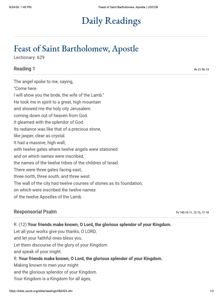 Feast of Saint Bartholomew, Apostle - USCCB | PDF