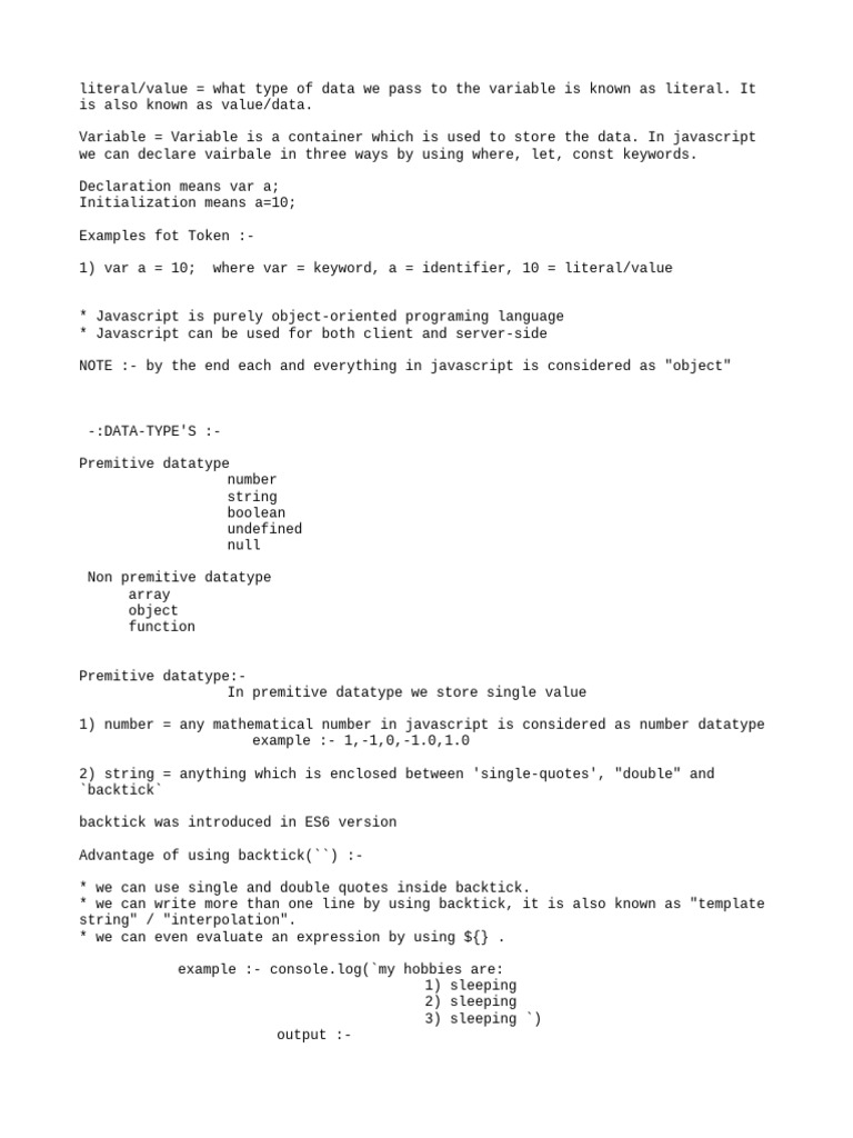 Javascript Notes | PDF | Data Type | Teaching Methods & Materials Javascript Notes | PDF | Data Type | Teaching Methods & Materials