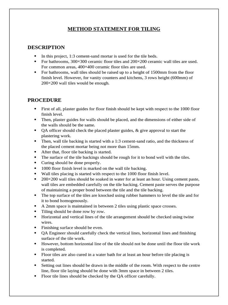 Method Statement For Tiling | PDF
