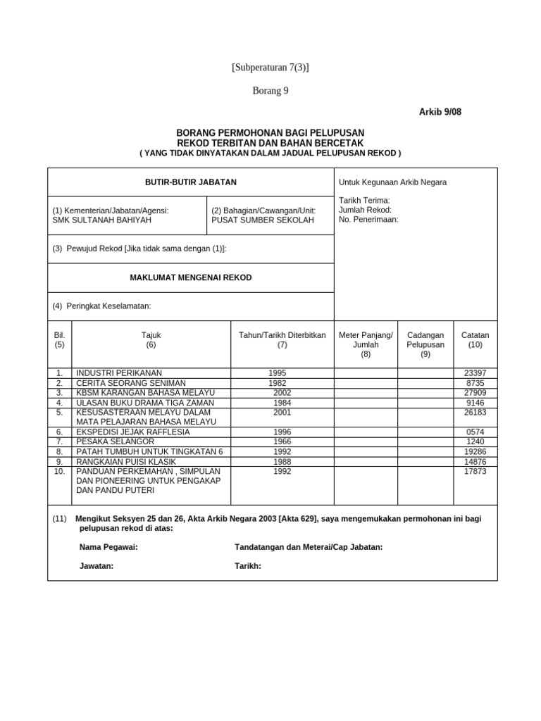 Contoh Isi Borang Pelupusan | PDF