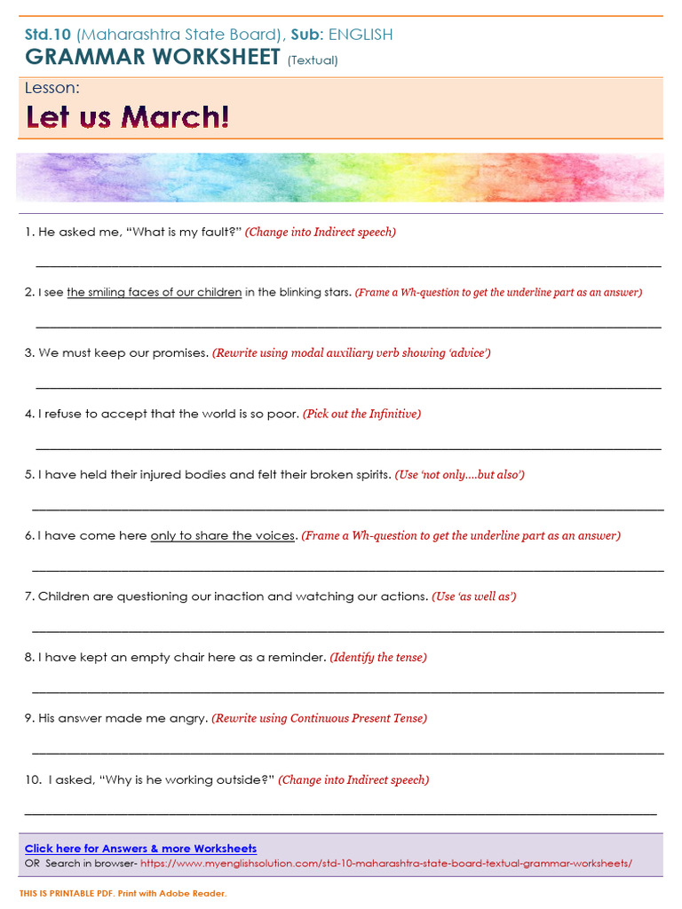 Std.10 - Grammar Worksheet - Let Us March | PDF