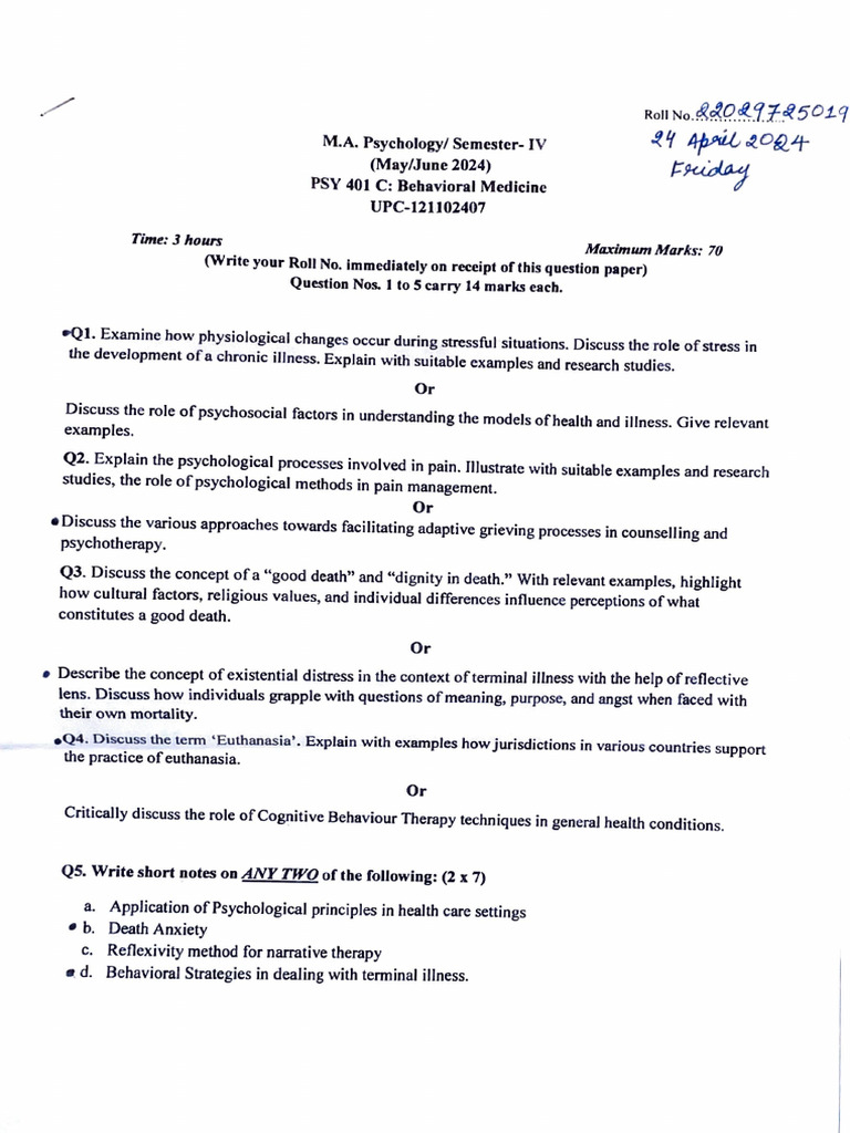 Semester IV Question Papers - Clinical Psychology | PDF