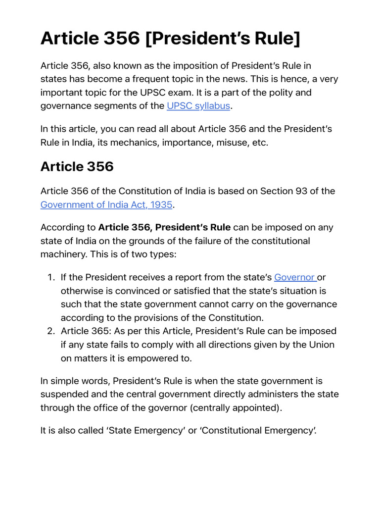 Article 356 President's Rule UPSC Polity & Governance Notes | PDF