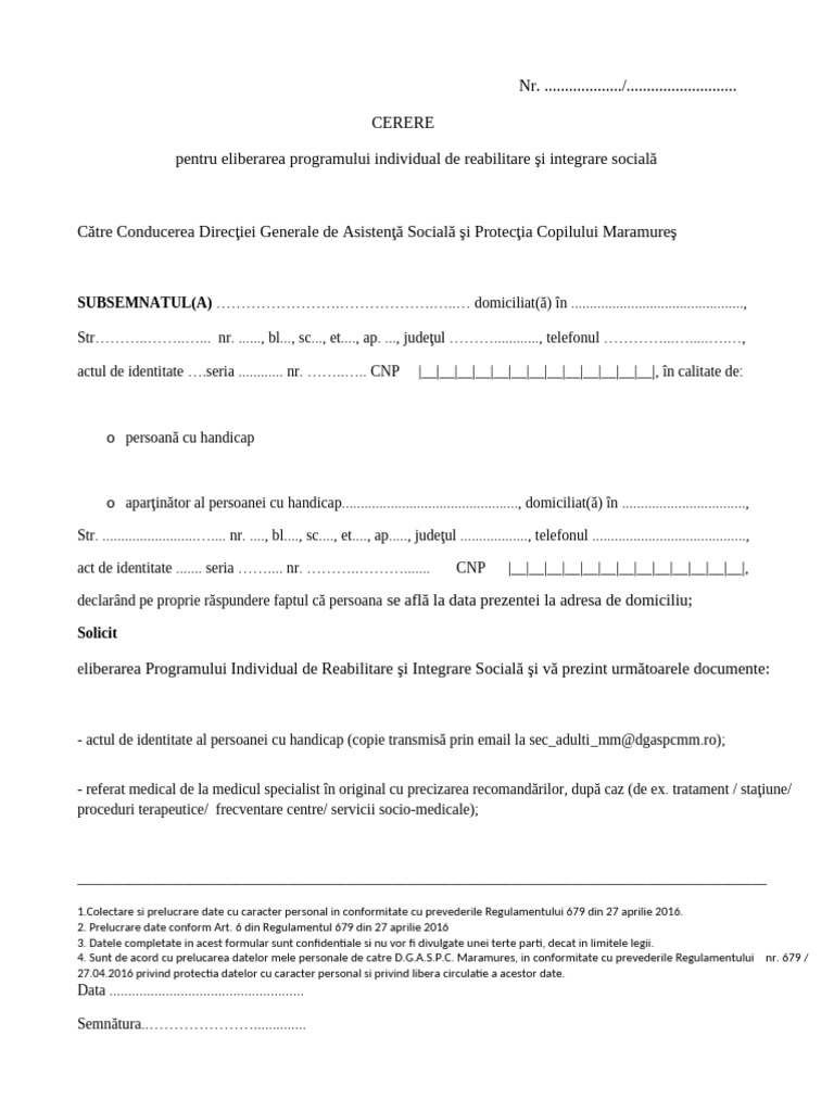 Cerere Program Reabilitare Handicap | PDF | Social Science