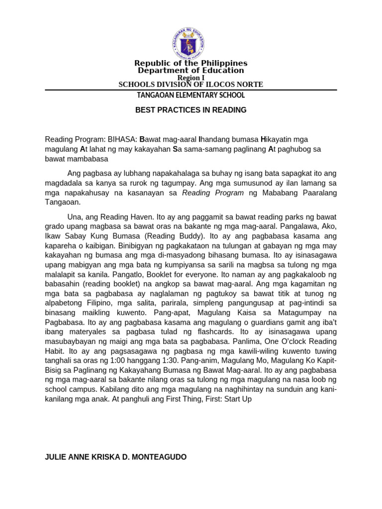 Best Practices in Filipino Reading Program | PDF