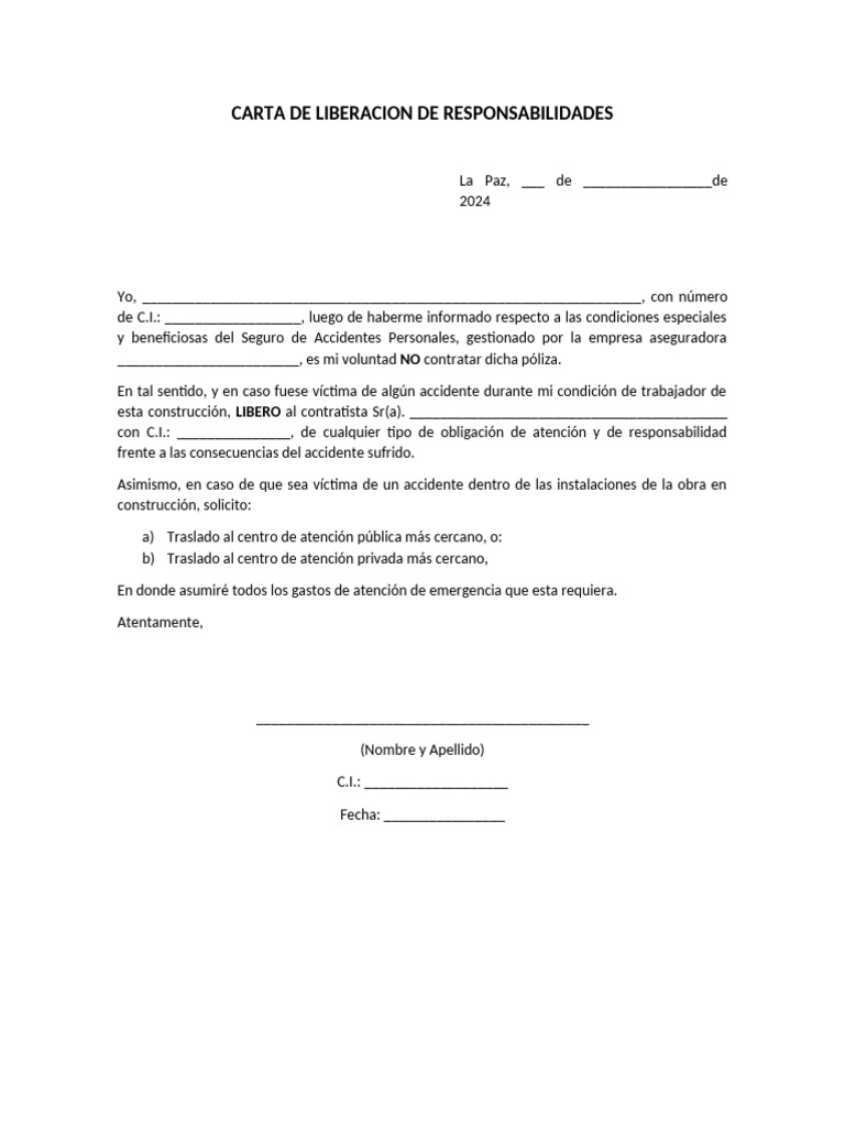 Carta de Liberacion de Responsabilidades | PDF