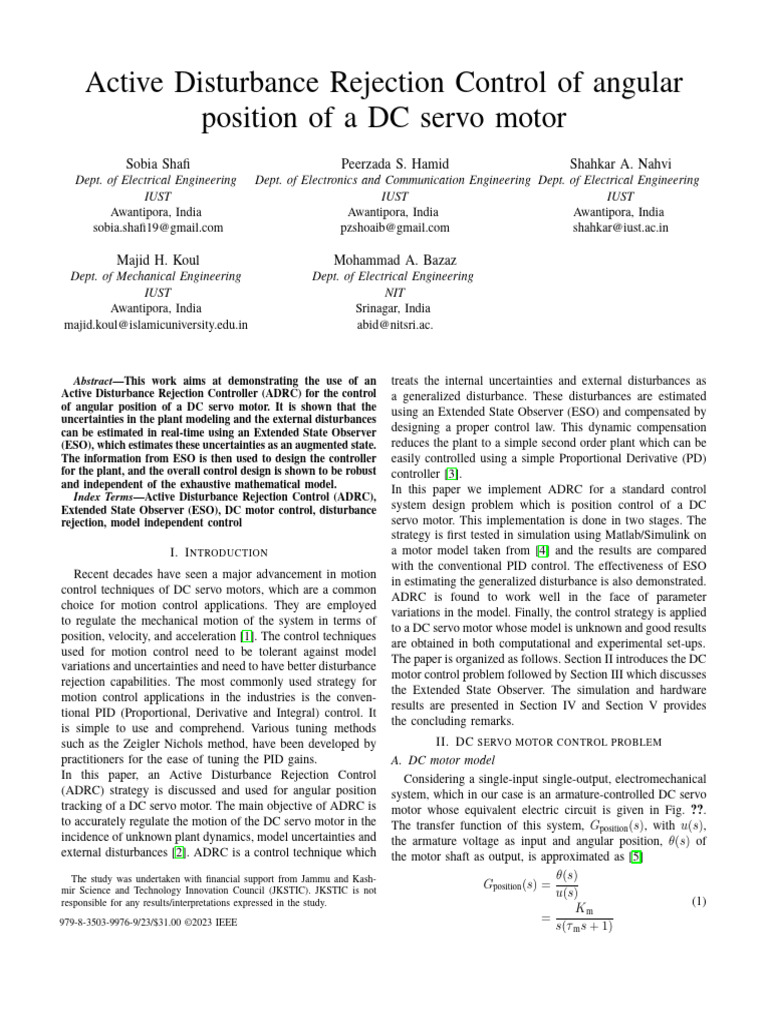 Active Disturbance Rejection Control of Angular Position of A DC Servo ... Active Disturbance Rejection Control of Angular Position of A DC Servo ...