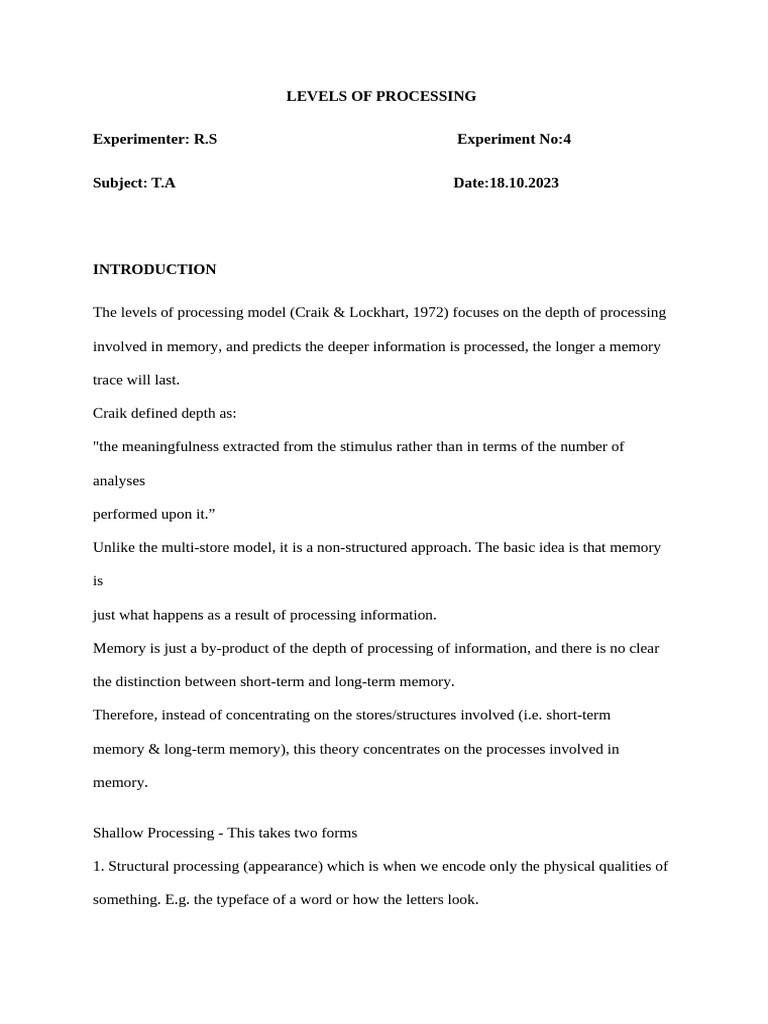 Levels of Processing | PDF