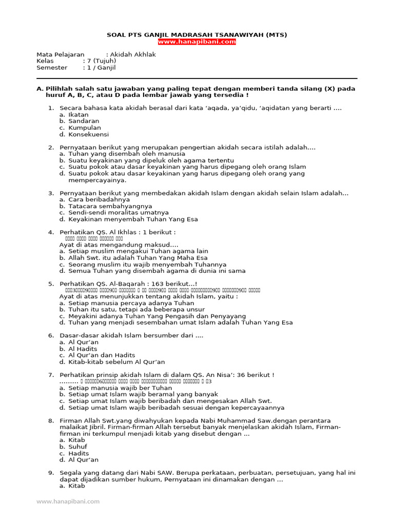 PTS Aa Kelas 7 MTS | PDF