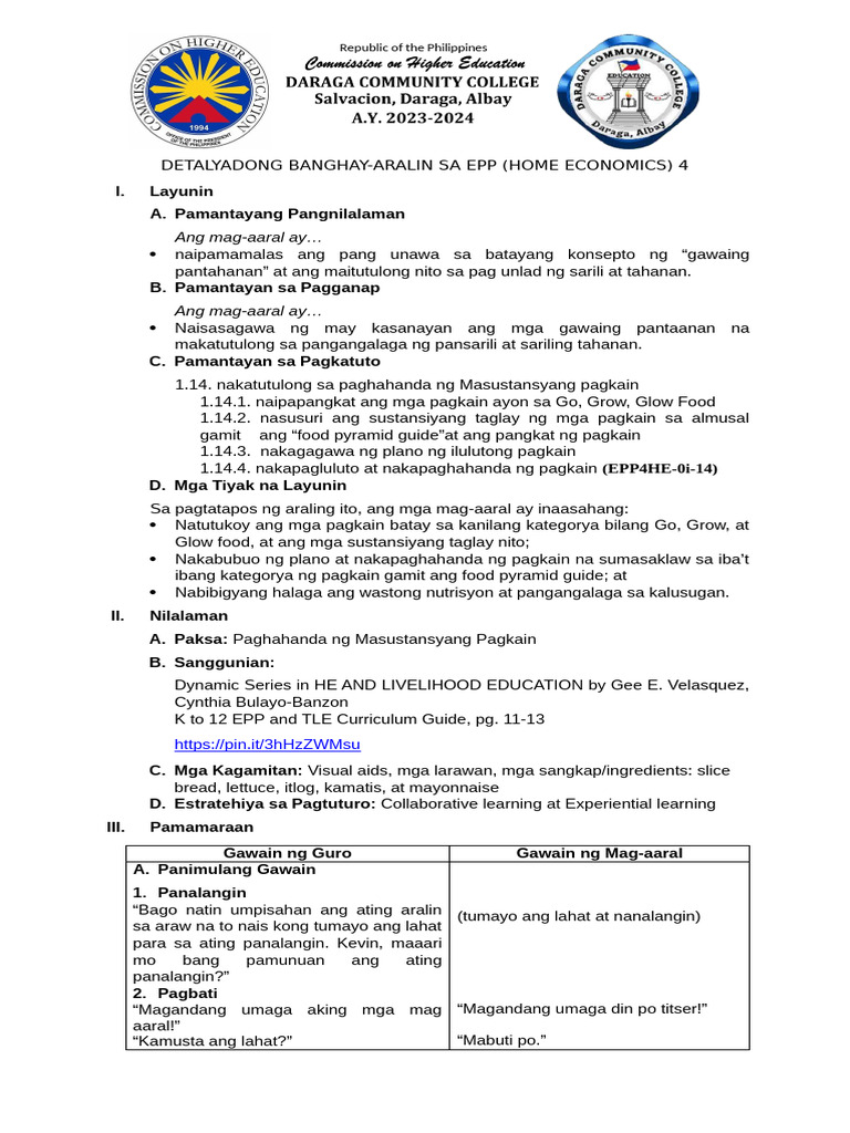 Detalyadong Banghay-Aralin Sa Epp (He) | PDF