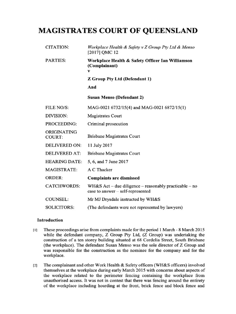 EXCAVATION Workplace Health & Safety V Z Group Pty LTD & Menso (2017) QMC 12 - QMC17-012 | PDF