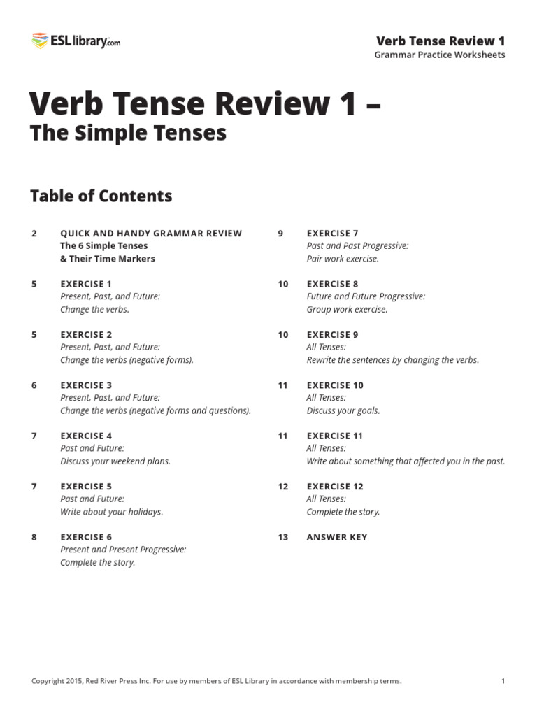 Verb Tense Review 1 The Simple Tenses Grammar Review Exercises Answer ...
