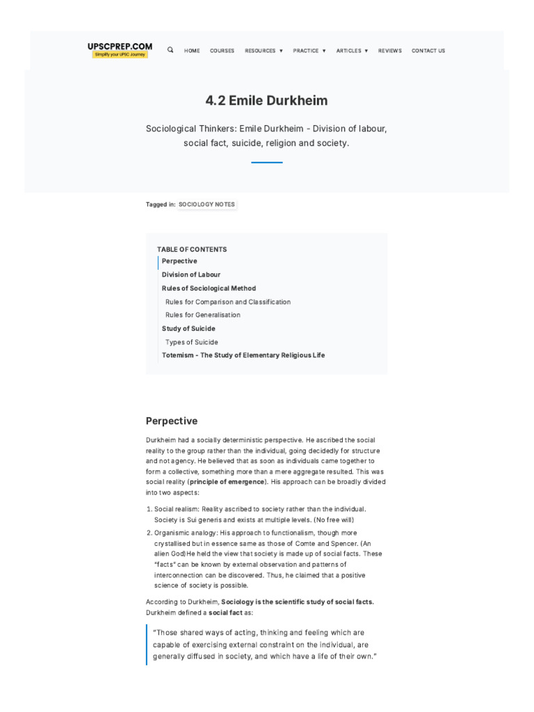 WWW Upscprep Com Upsc Sociology Thinkers Emile Durkheim | PDF | Émile ...