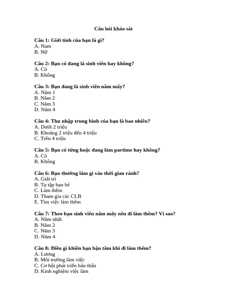 Câu Hỏi Khảo Sát Ktl | PDF