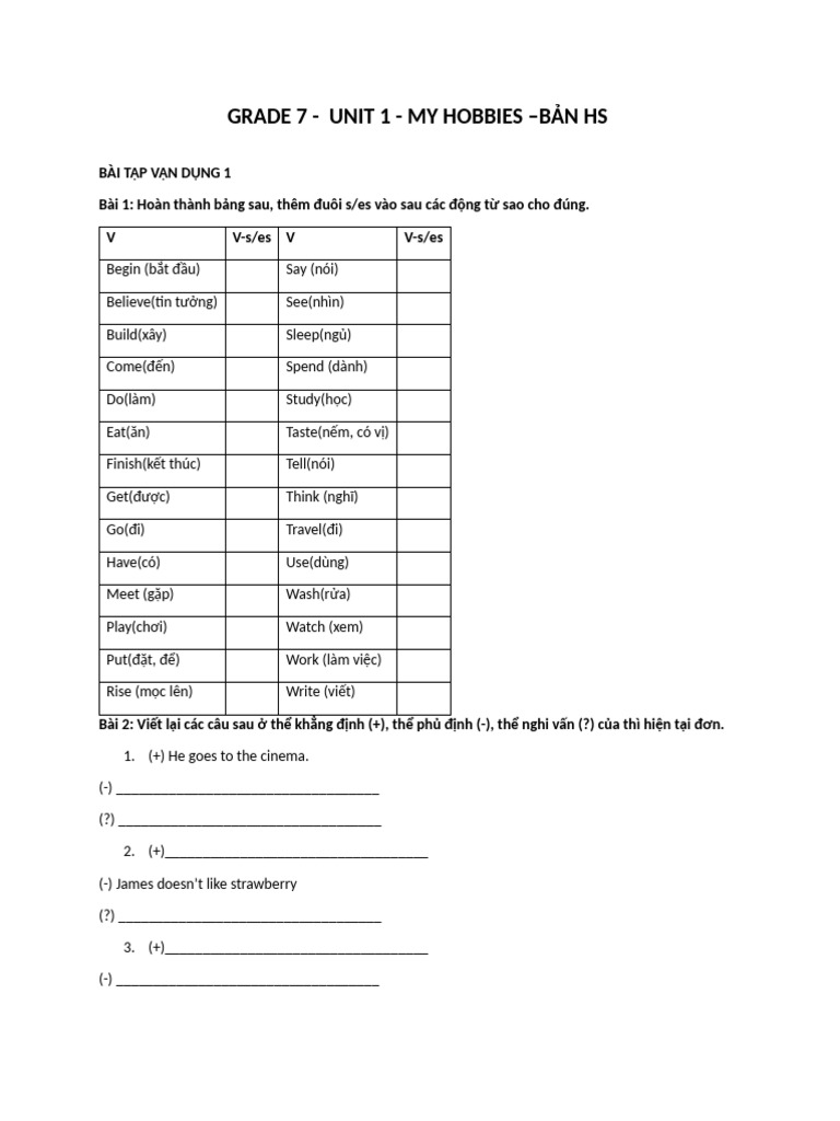 bài tập unit 1 GRADE 7 | PDF