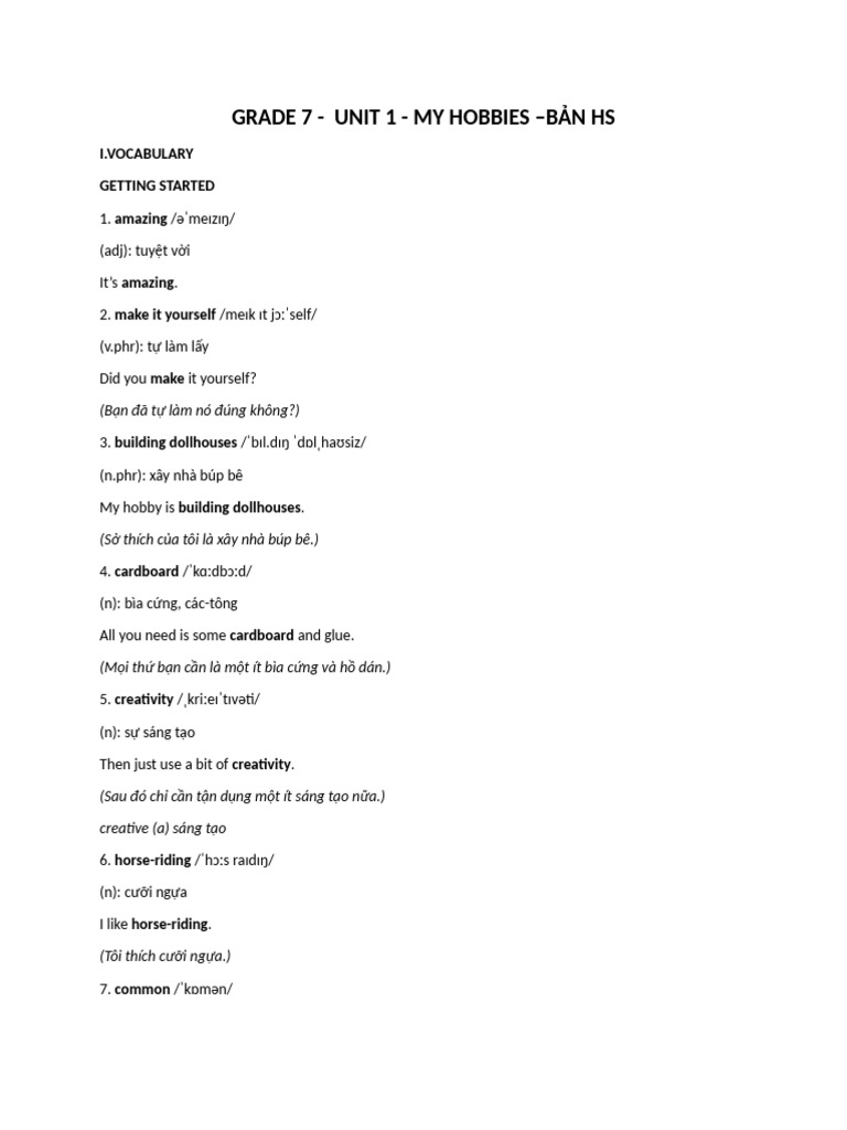 T V NG Unit 1 GRADE 7 | PDF