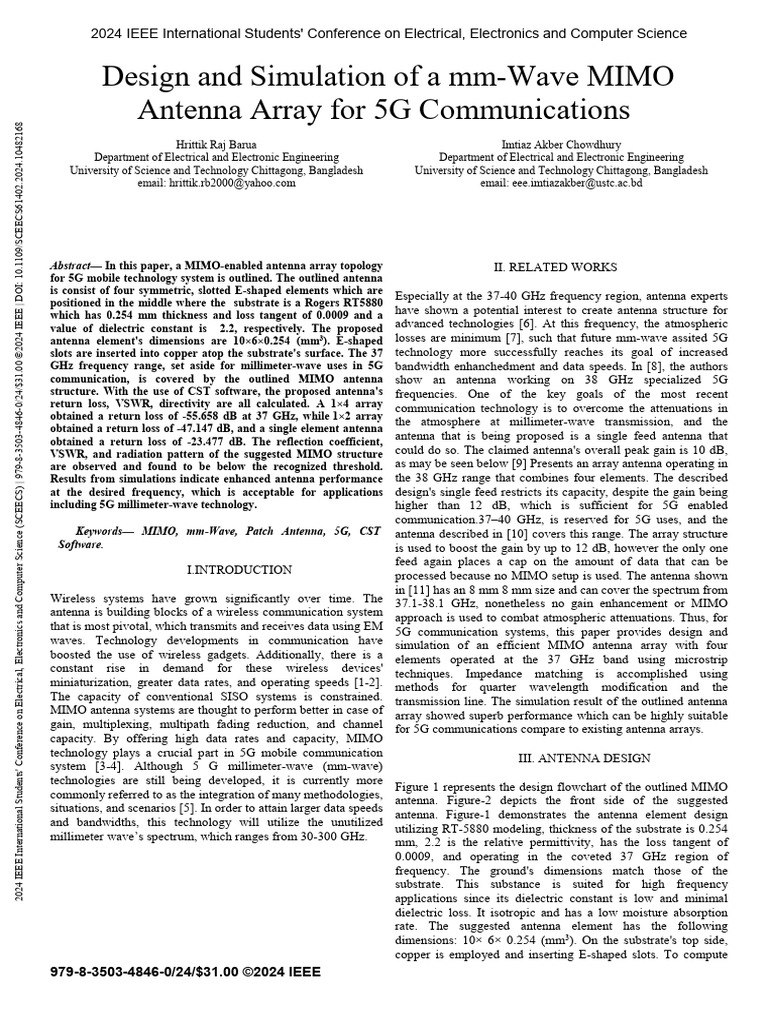 Design And Simulation Of A Mm Wave Mimo Antenna Array For 5g Communications Pdf