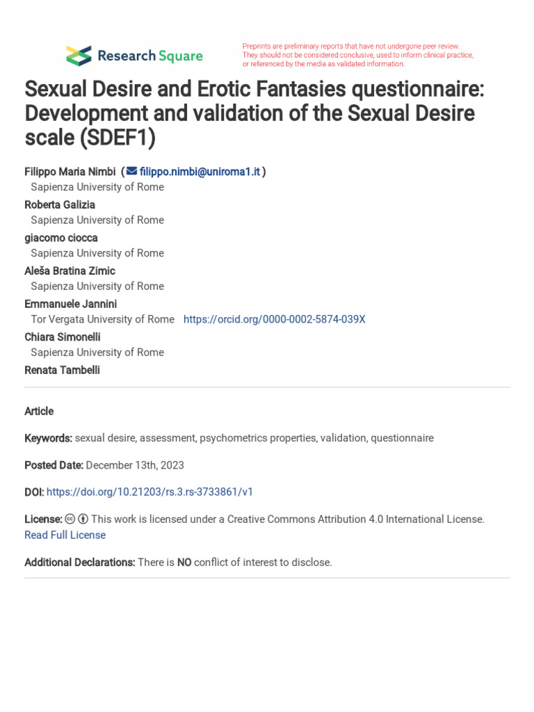 Sexual Desire and Erotic Fantasies Questionnaire D | PDF