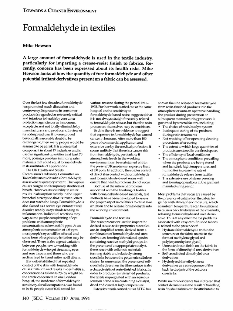 Formaldehyde in Textiles | PDF