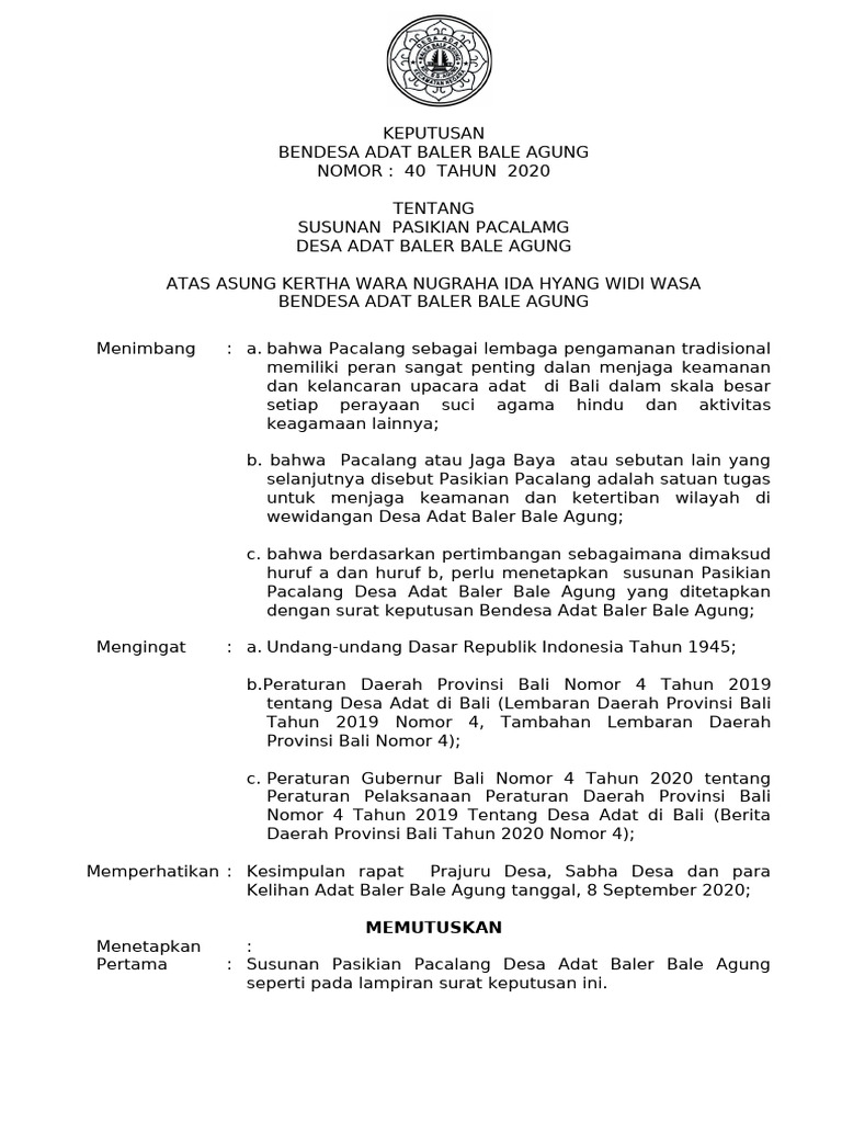SK, Pesikian Pecalang Desa Adat BB - Agung. | PDF