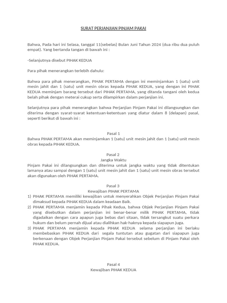 Surat Perjanjian Pinjam Pakai | PDF