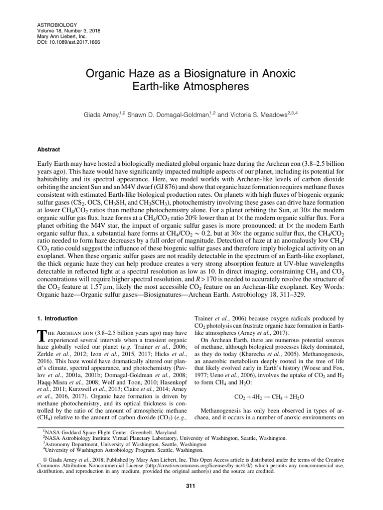 Organic Haze As A Biosignature in Anoxic Earth-Like Atmospheres | PDF