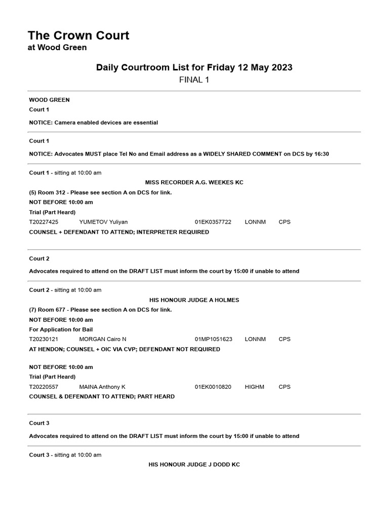 Wood Green Crown Court, Daily Courtroom 12-05-23 | PDF