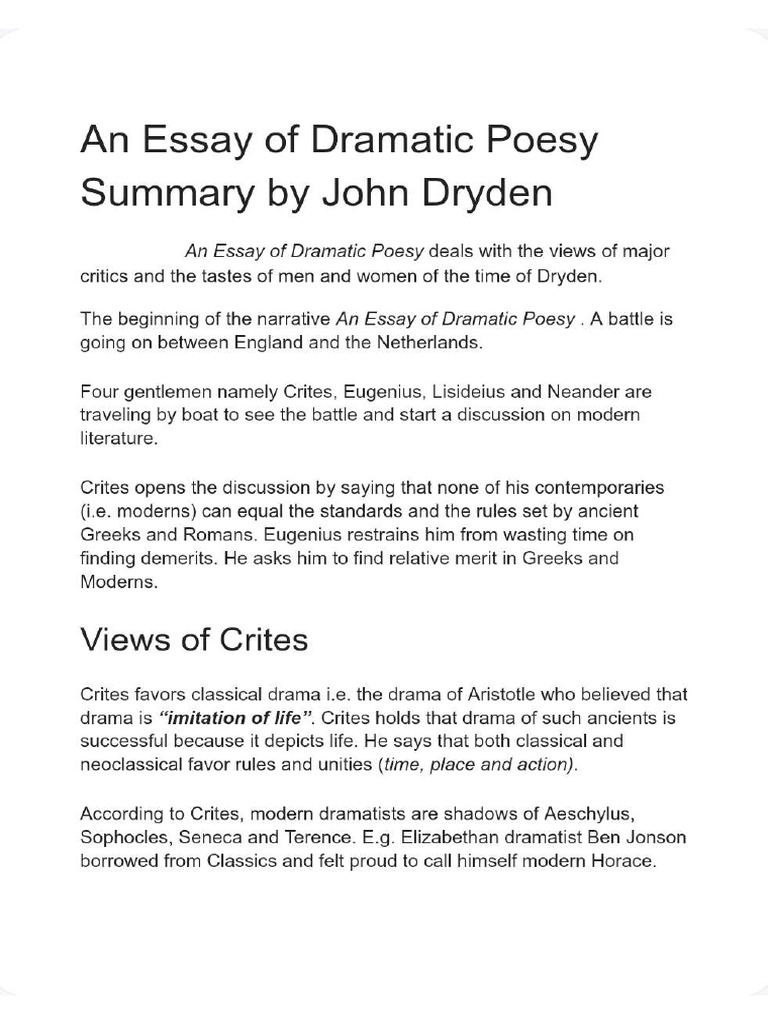 An Essay On Dramatic Poesy by John Dryden Summary | PDF