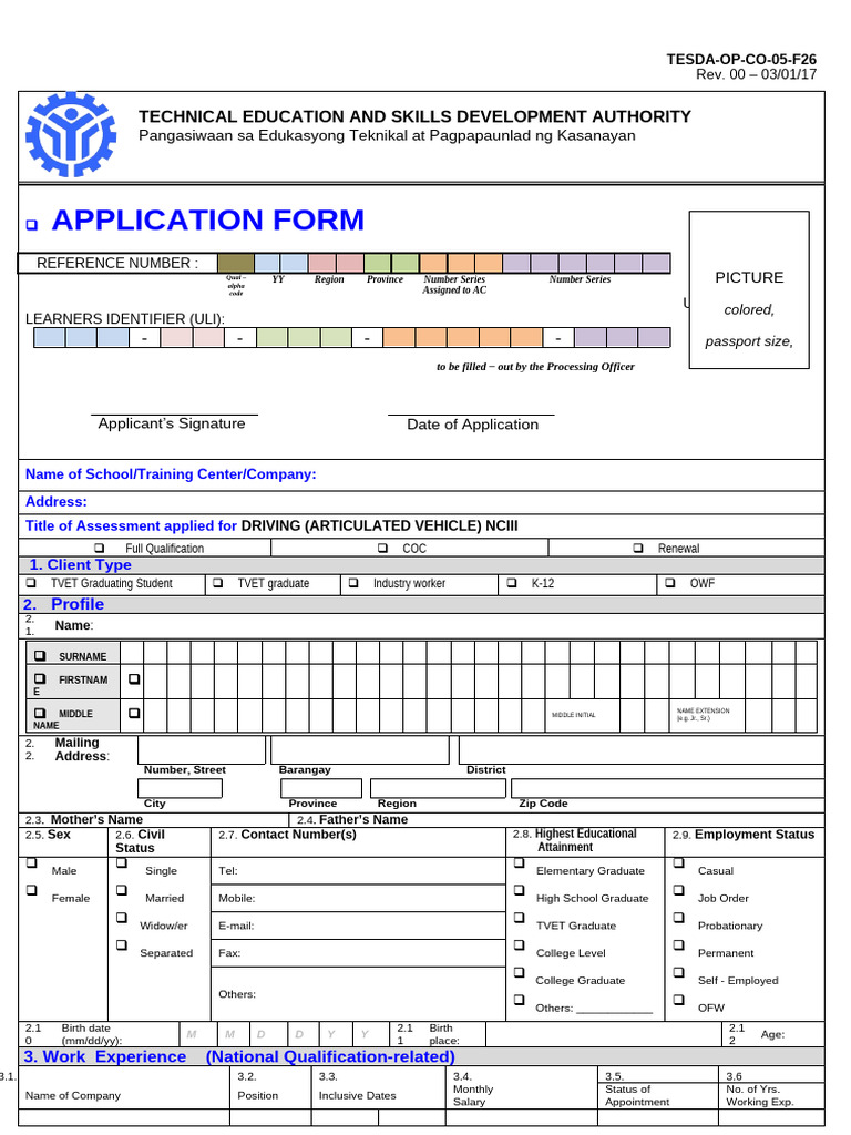 Application Form - DRIVING (ARTICULATED VEHICLE) NCIII | PDF