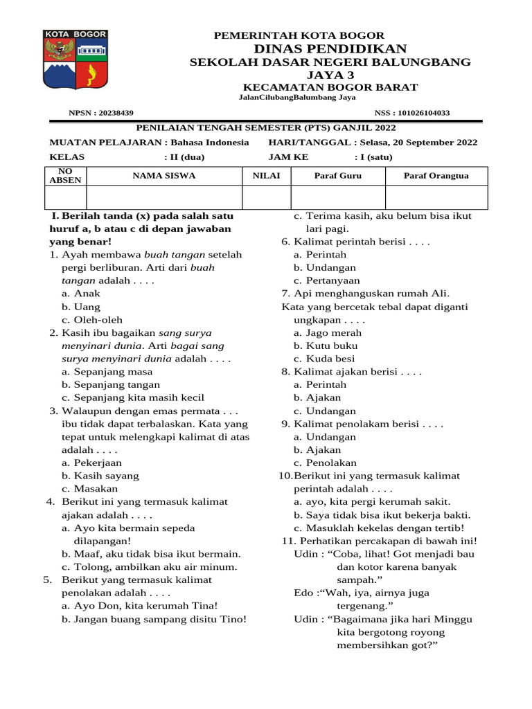 PTS Ganjil B. Indo KELAS 2 | PDF