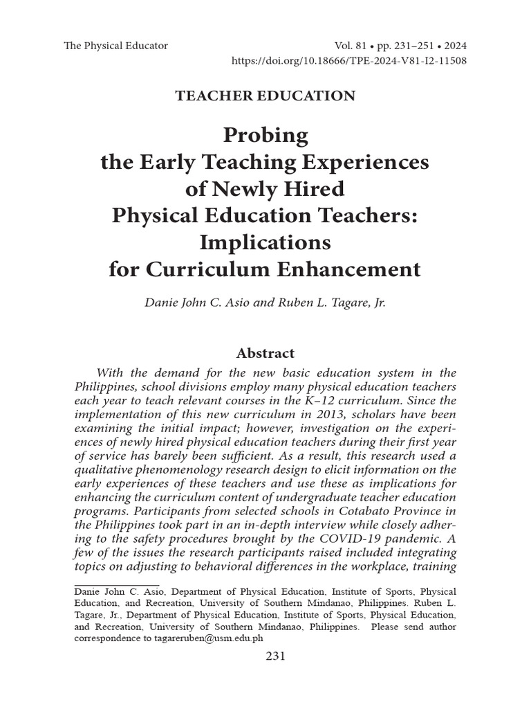 Early Experiences of New PE Teachers | PDF | Teachers | Learning