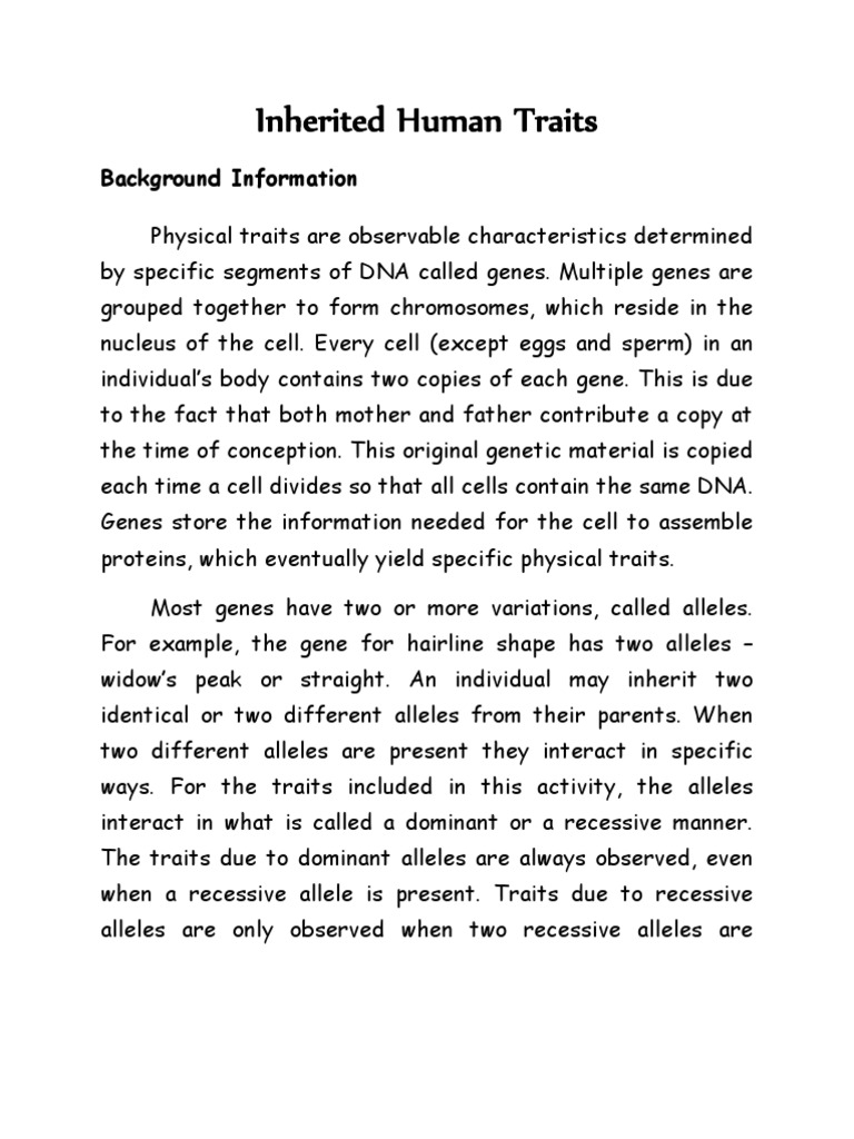 Inherited Human Traits Handouts | PDF | Allele | Phenotypic Trait