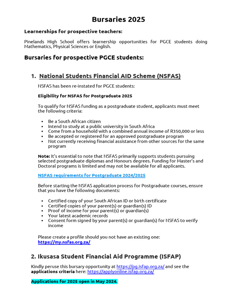 Bursaries For PGCE 2025 | PDF | Postgraduate Education | Career & Growth