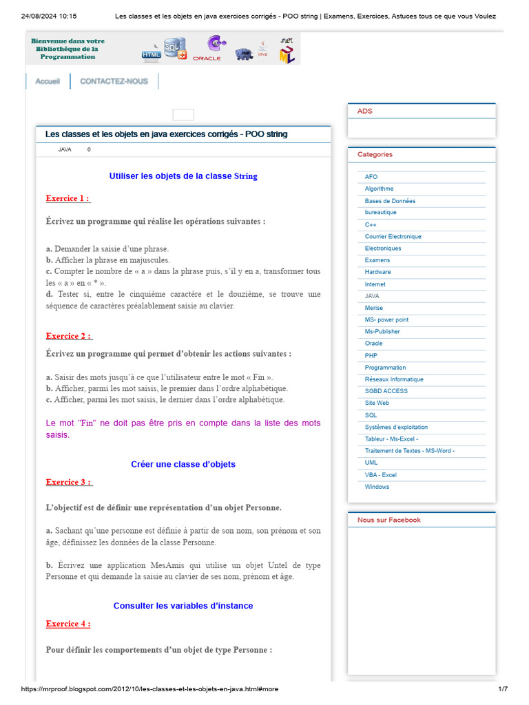 Les Classes Et Les Objets en Java Exercices Corrigés - POO String ...