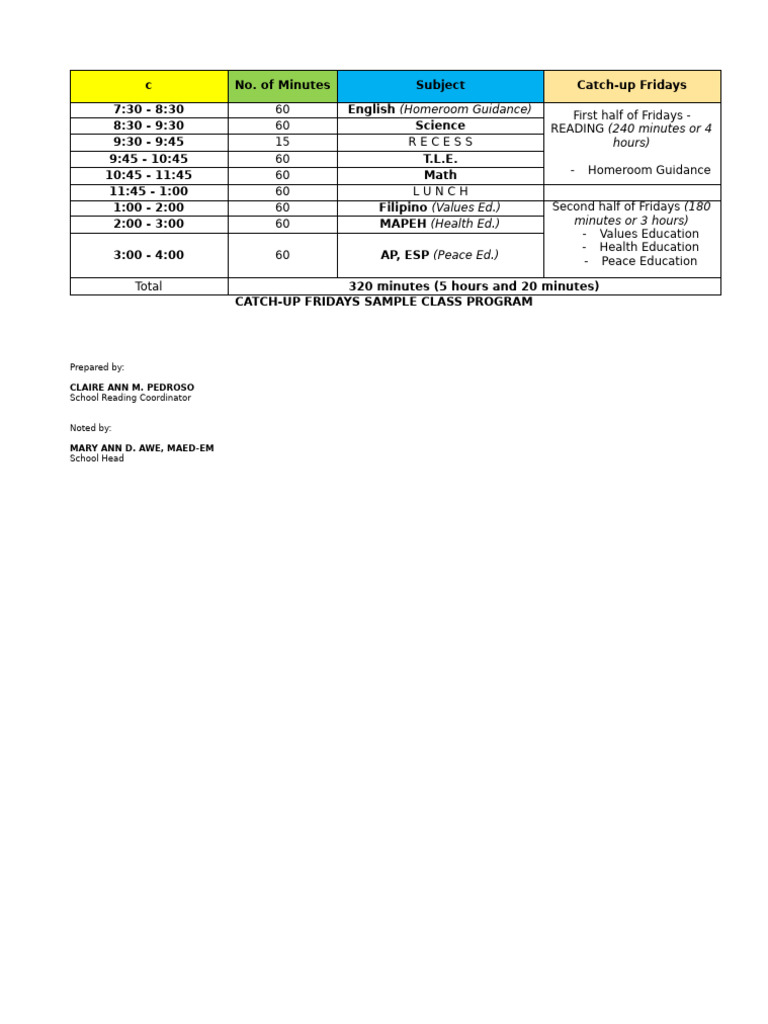 Catch-Up Friday Class Plan | PDF