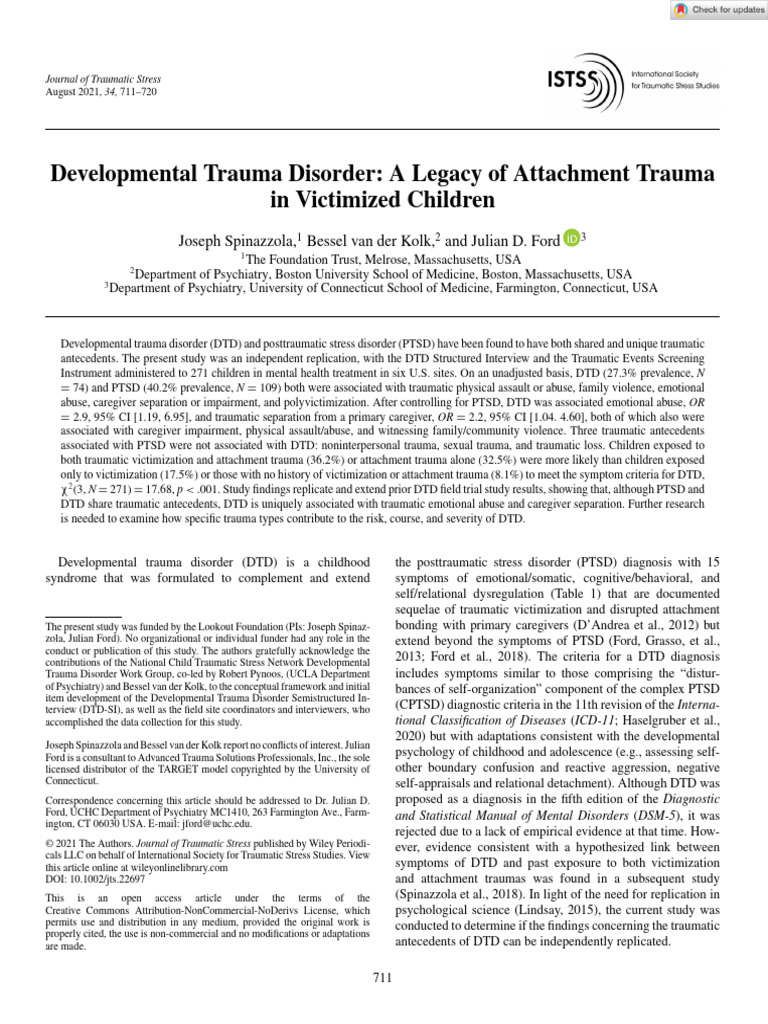 Journal of Traumatic Stress - 2021 - Spinazzola - Developmental Trauma Disorder A Legacy of ...