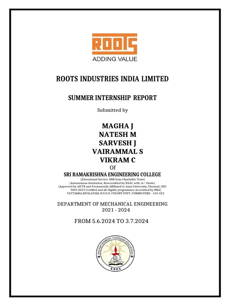 Roots Intern Report | PDF | Rivet | Welding