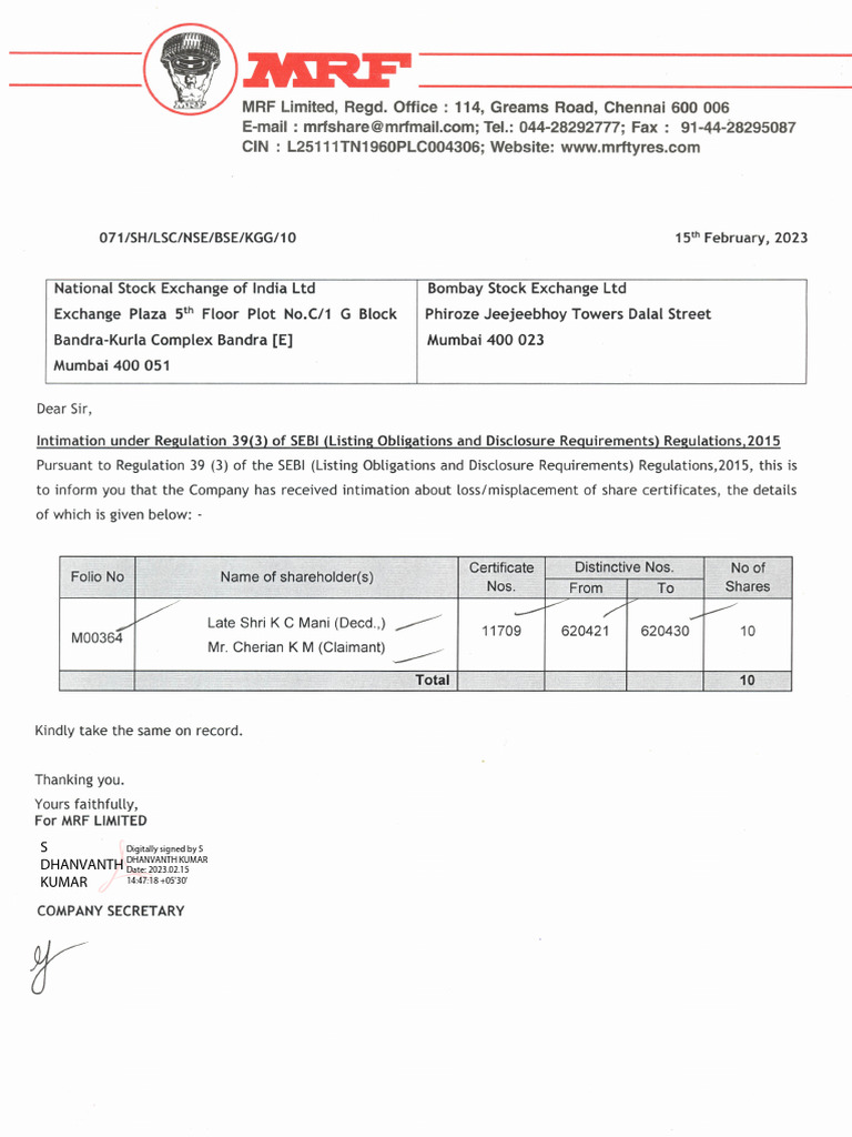 MRF Share Certificate | PDF