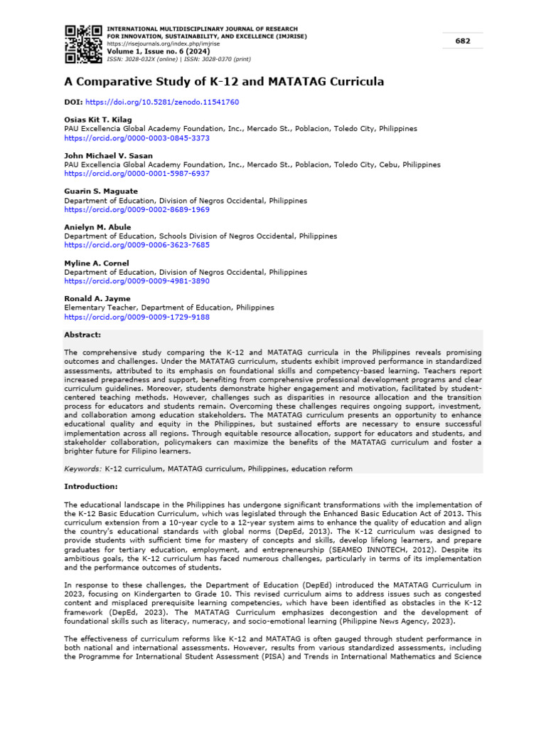 A Comparative Study of K-12 and MATATAG Curriculum | PDF | Curriculum | Teachers